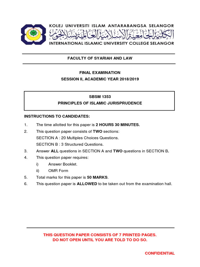 Exam Paper SBSM 1353 Principles of Islamic Jurisprudence, Mac 2019 | PDF | Theocracy | Religious Law