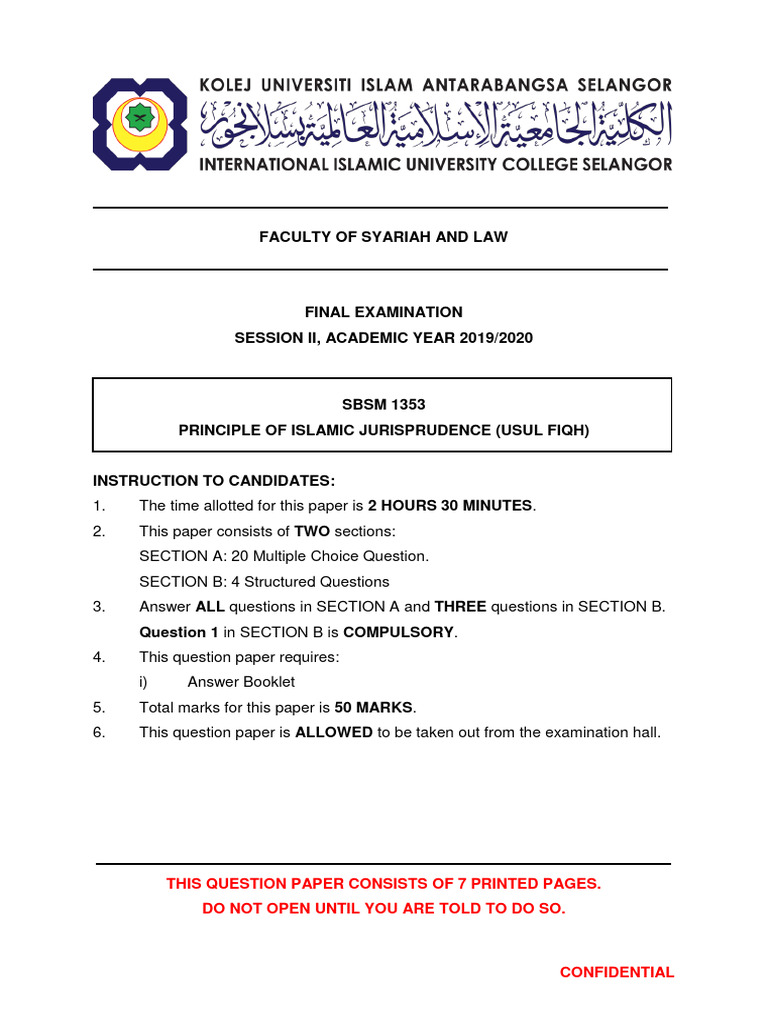 Exam Paper SBSM 1353 Principle of Islamic Jurisprudence (Usul Fiqh ...