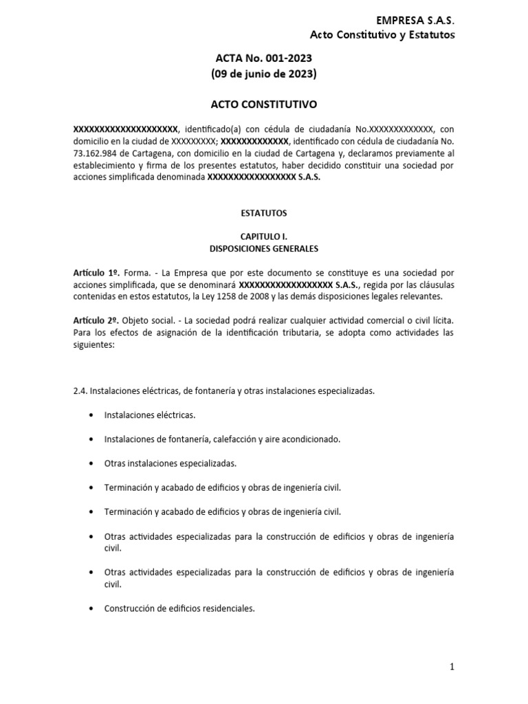 ACTA No. 001-2023 ESTATUTOS SOCIALES | PDF | Compartir (Finanzas) | Documento de identidad