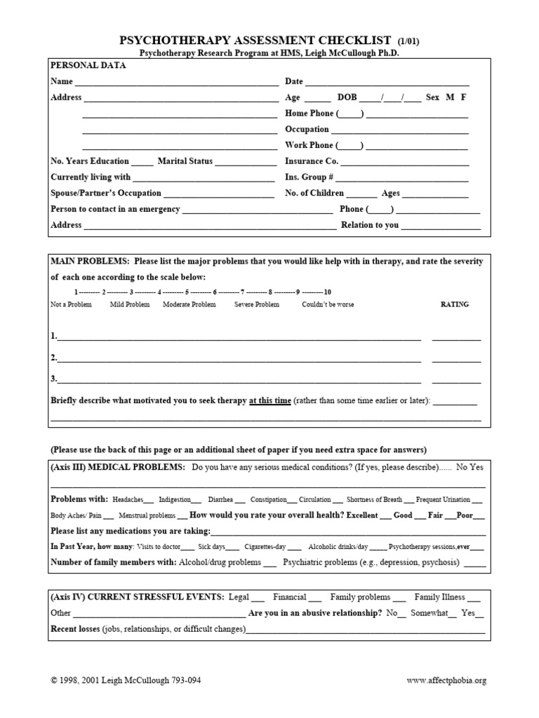 Psychotherapy Assessment Checklist | PDF | Anxiety | Psychotherapy