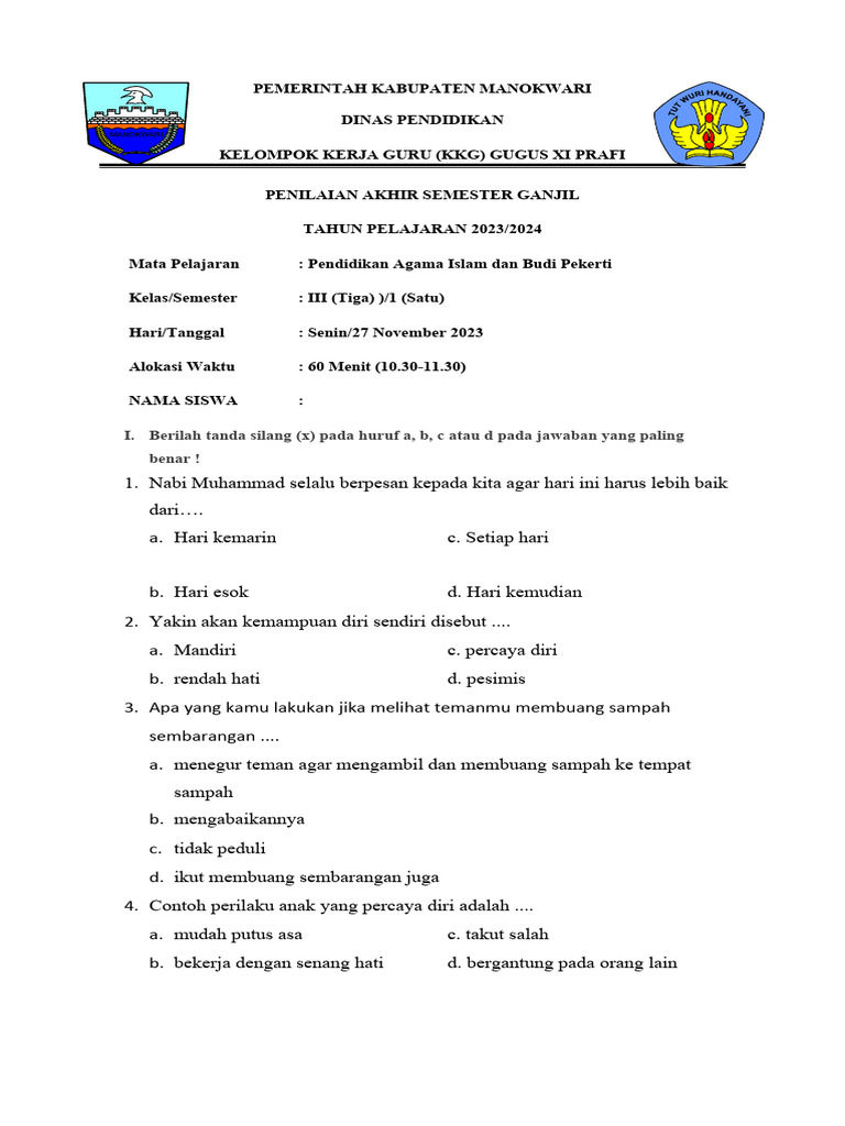 Soal Pai Kelas 3 BHJ | PDF