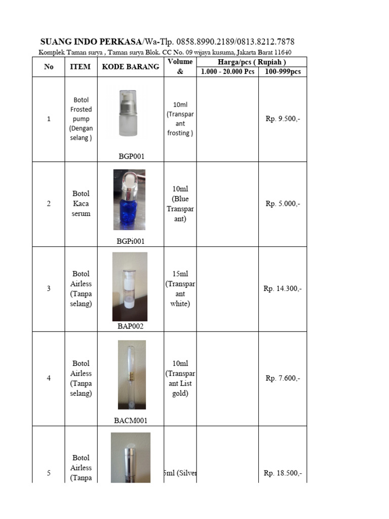 Harga Botol dan Pot Kosmetik 2023 | PDF