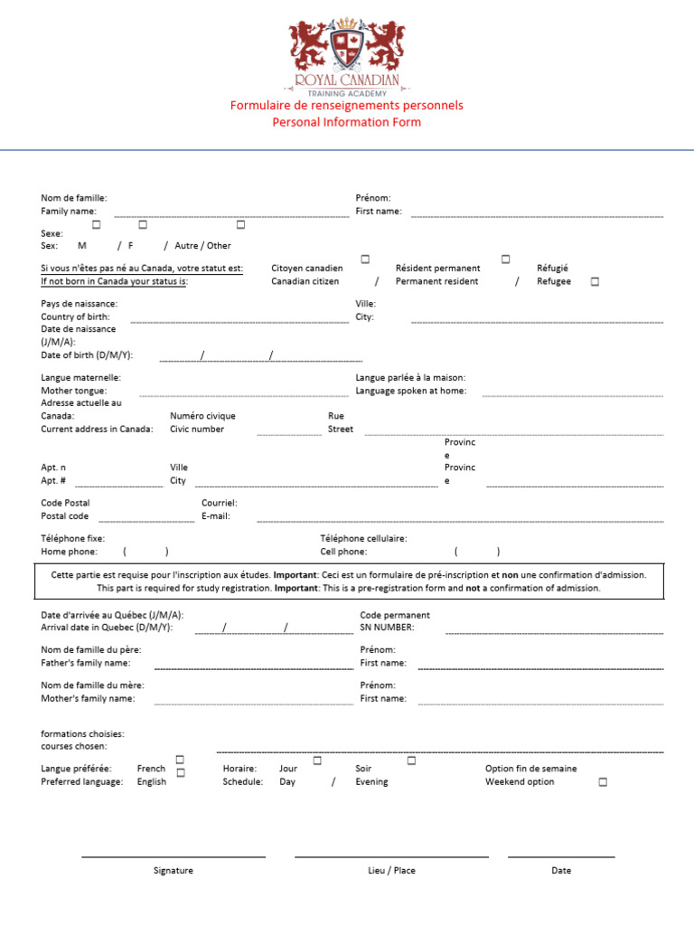 Formulaire de Renseignements Personnels Personal Information Form | PDF
