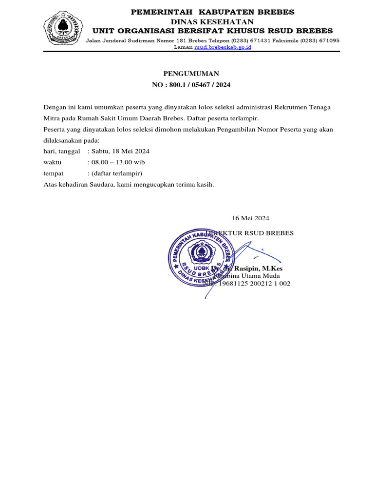 PENGUMUMAN REKRUTMEN TENAGA MITRA RSUD BREBES 2024 New | PDF