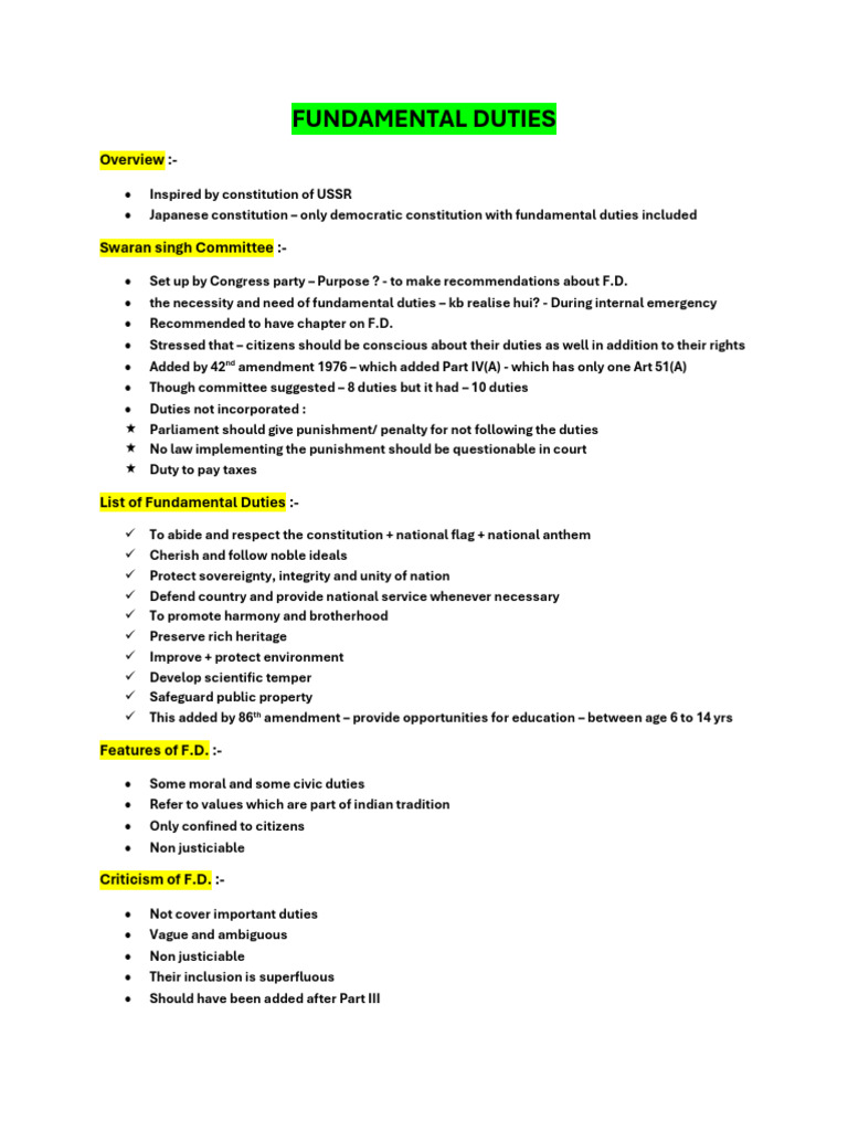 Fundamental Duties Notes | PDF | Governance | Government