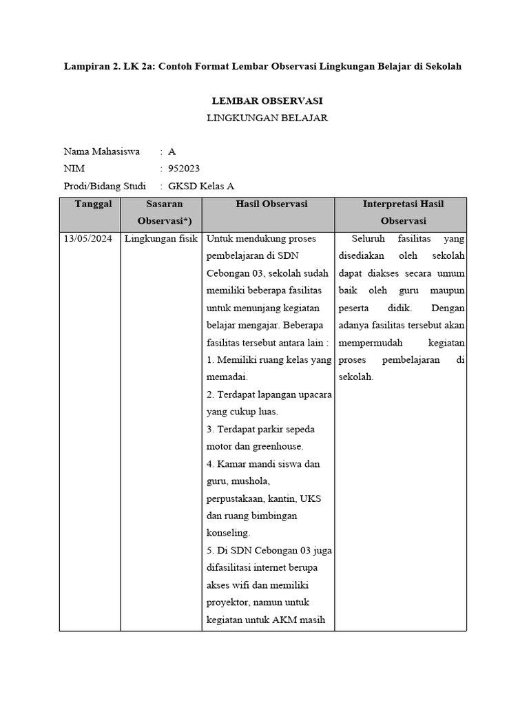 Lembar Observasi - Lingkungan Belajar - PPL 2 | PDF
