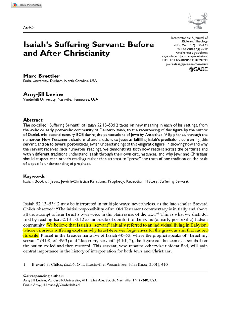 Suffering Servant Levine Brettler | PDF | Book Of Isaiah | Jesus