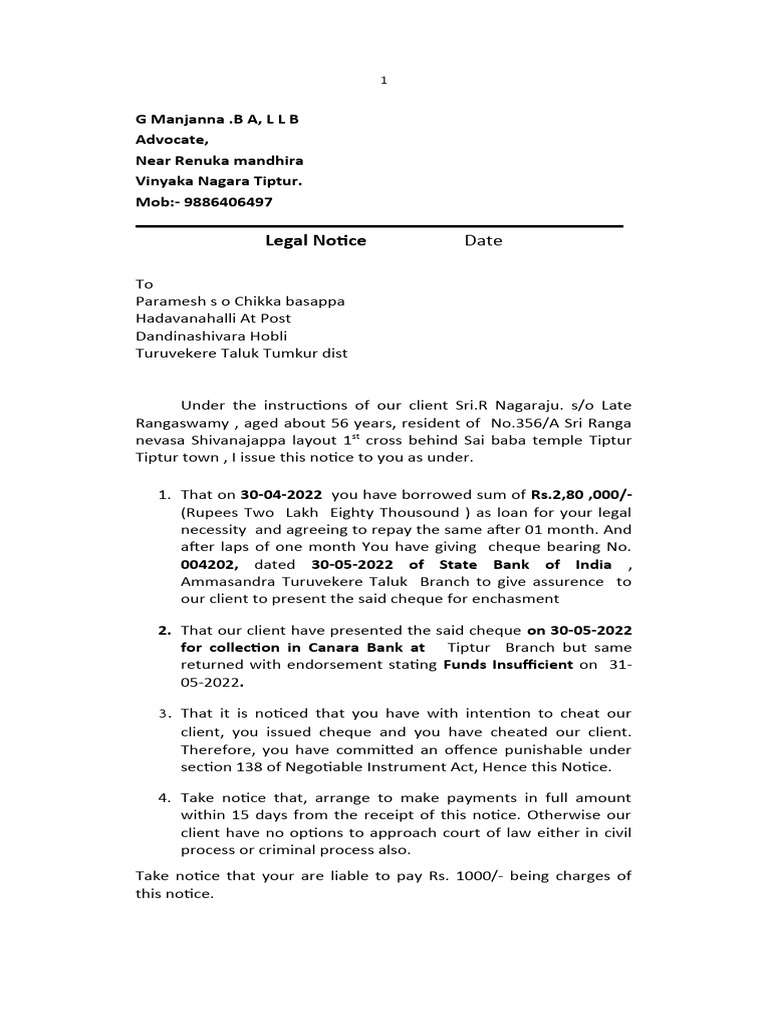 138 Legal Notice-English | PDF | Cheque | Banks