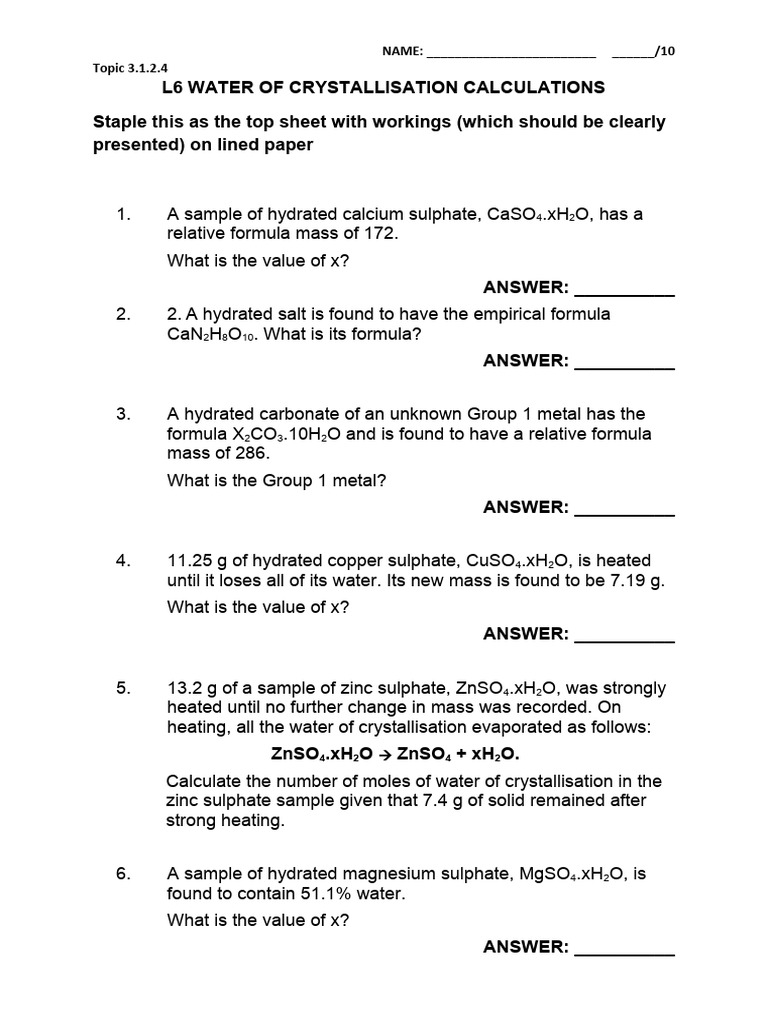 L6 Water of Crystallisation Calculations Pupil | PDF | Chemical ...