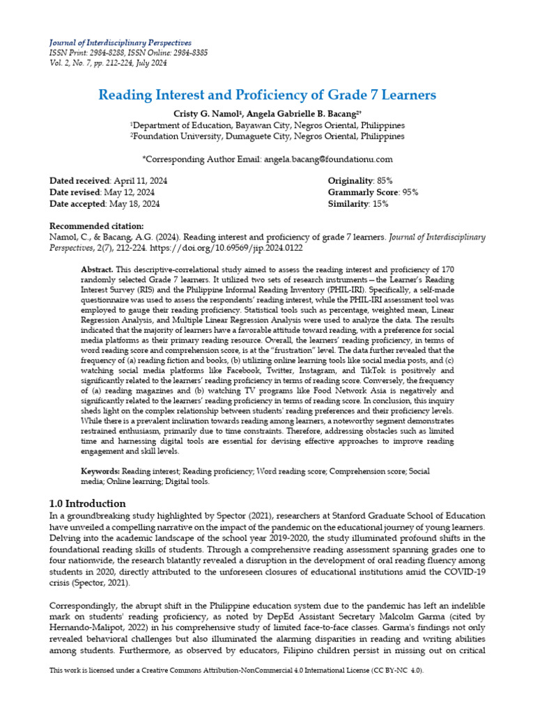 Reading Interest and Proficiency of Grade 7 Learners | PDF | Social Media | Popular Culture ...