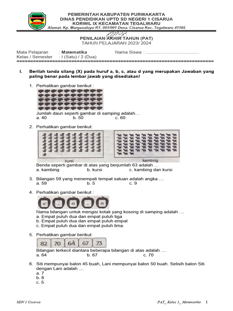 Soal Pat Kelas 1 - MTK | PDF