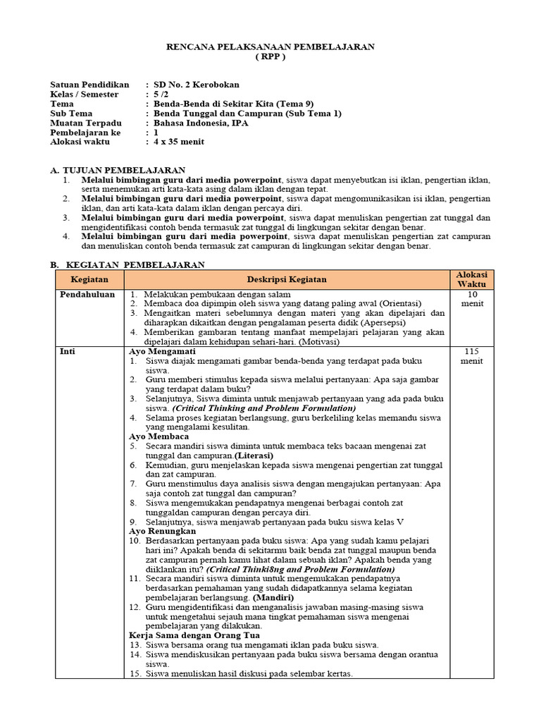 RPP Tema 9 Benda-Benda Di Sekitar Kita | PDF