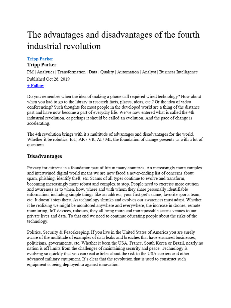 The Advantages and Disadvantages of The Fourth Industrial Revolution ...