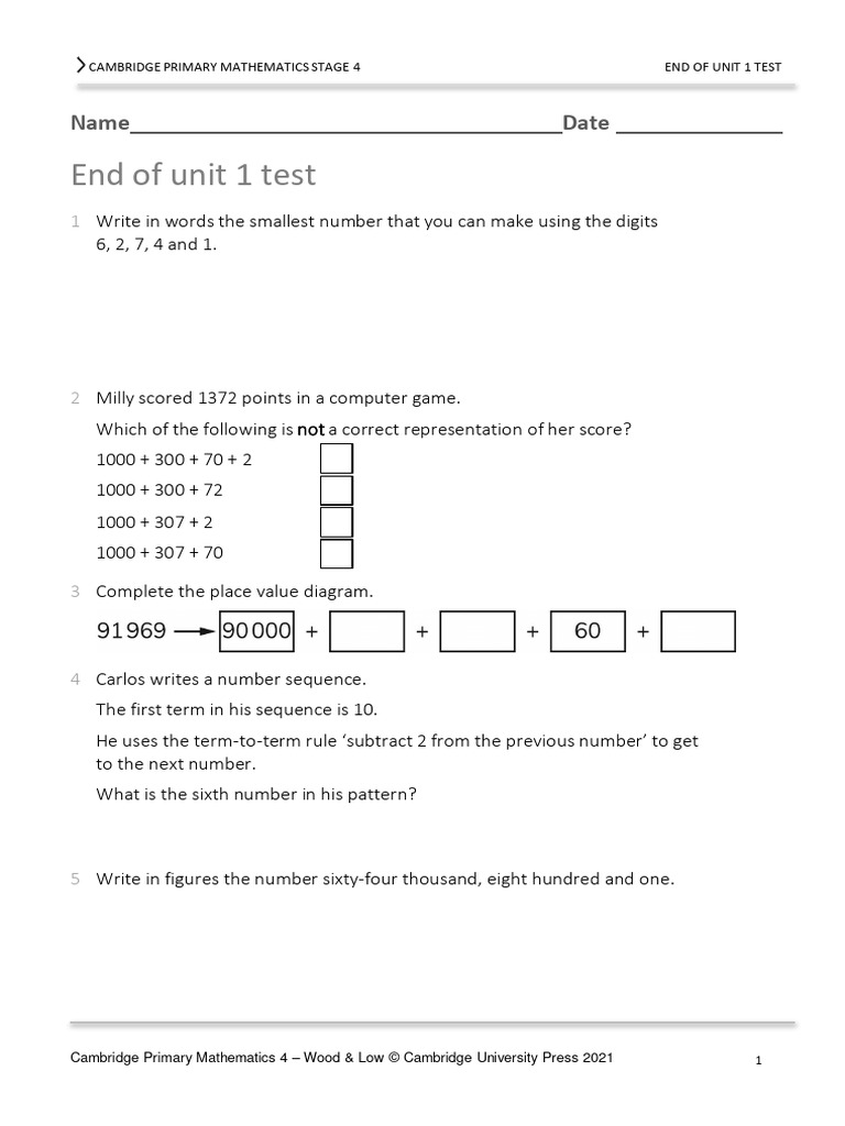 4B Weekly Test Term 1 | PDF | Numbers | Arithmetic