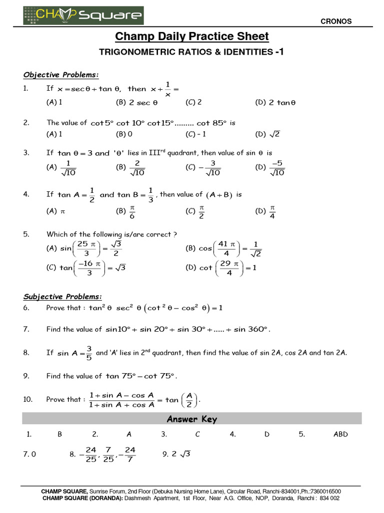 1 - Cronos CDPS - Trigonometric Ratio & Identites | PDF | Angle ...