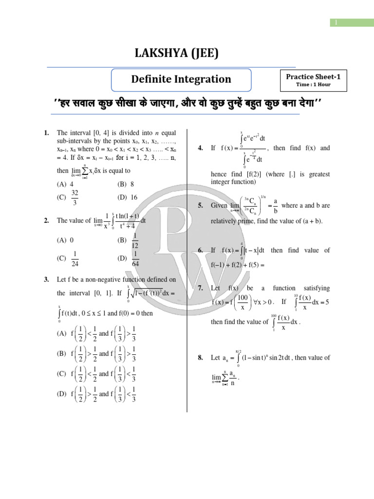 Definite Integration - Advanced Practice Sheet - 01 - Definite ...