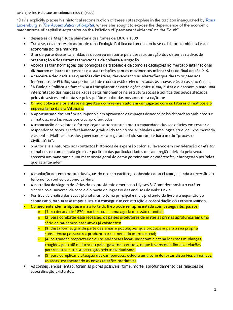 Fichamento Holocuastos Coloniais MARK DAVIS | PDF | Seca | Fome
