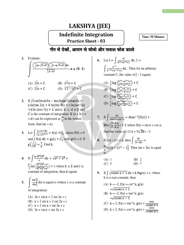 Indefinite Integration - Practice Sheet - 03 - Indefinite Integration Practice Sheet-3 Lakshya ...