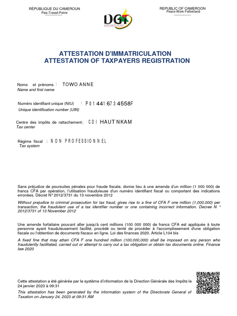 Attestation de Rattachement Fiscal Towo | PDF | Finance et gestion ...