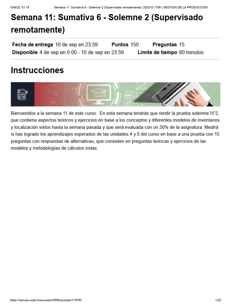 Semana 11 Sumativa 6 Solemne 2 Supervisado Remotamente 202315.1758 GESTIO N DE LA PRODUCCIO | PDF