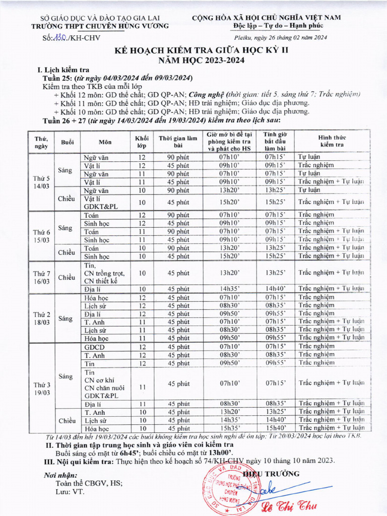 Ke Hoach Kiem Tra Giua Ky Ii Nam Hoc 2023-2024 | PDF