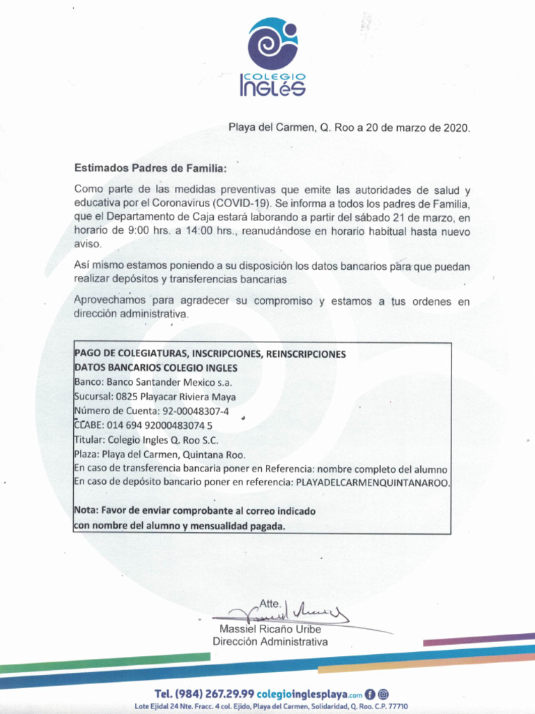 Comunicado de Caja Colegio Ingles | PDF