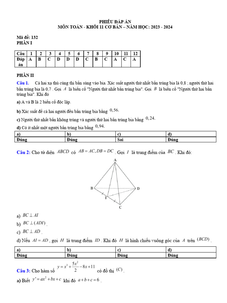 Dap An Hkii 2023 2024 - Toan11hkii | PDF