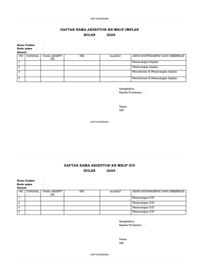 Daftar Akseptor KB MKJP 2024 | PDF
