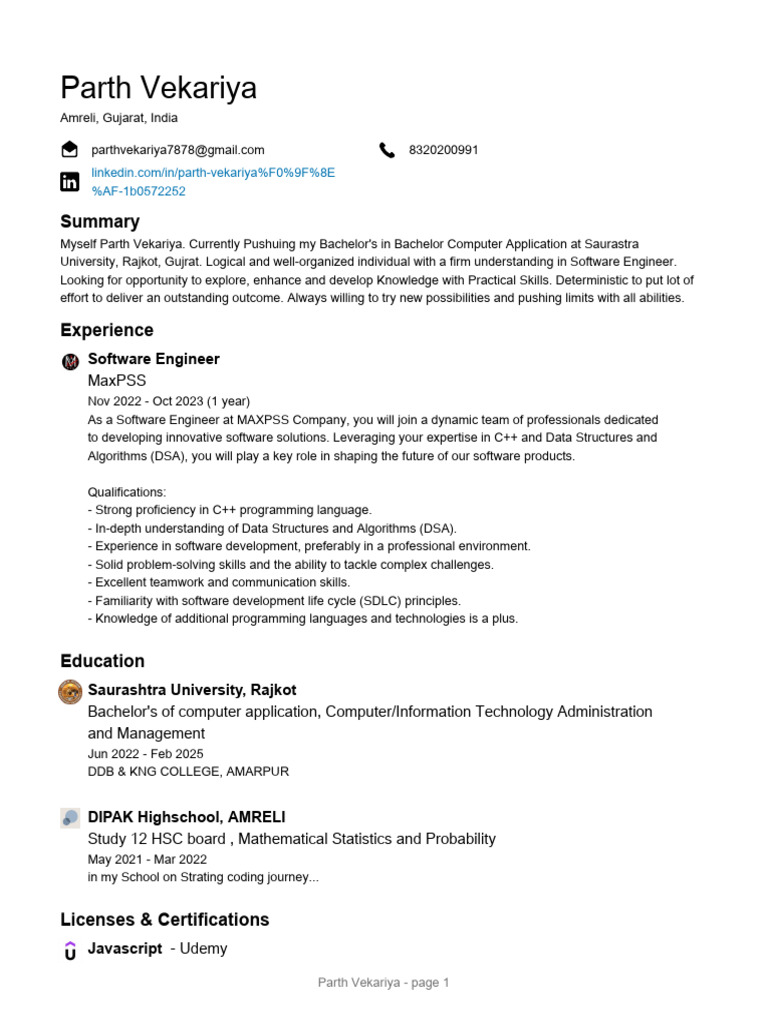 Resume Parth Vekariya? | PDF | Computer Programming | Software
