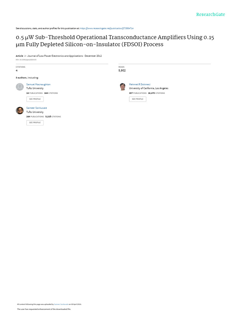 05 W Sub-Threshold Operational Transconductance Am | PDF | Cmos | Mosfet