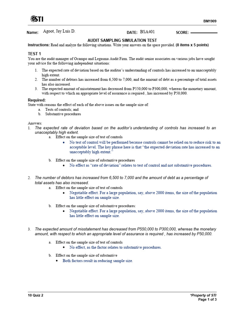10 Quiz 2 | PDF | Stratified Sampling | Financial Audit