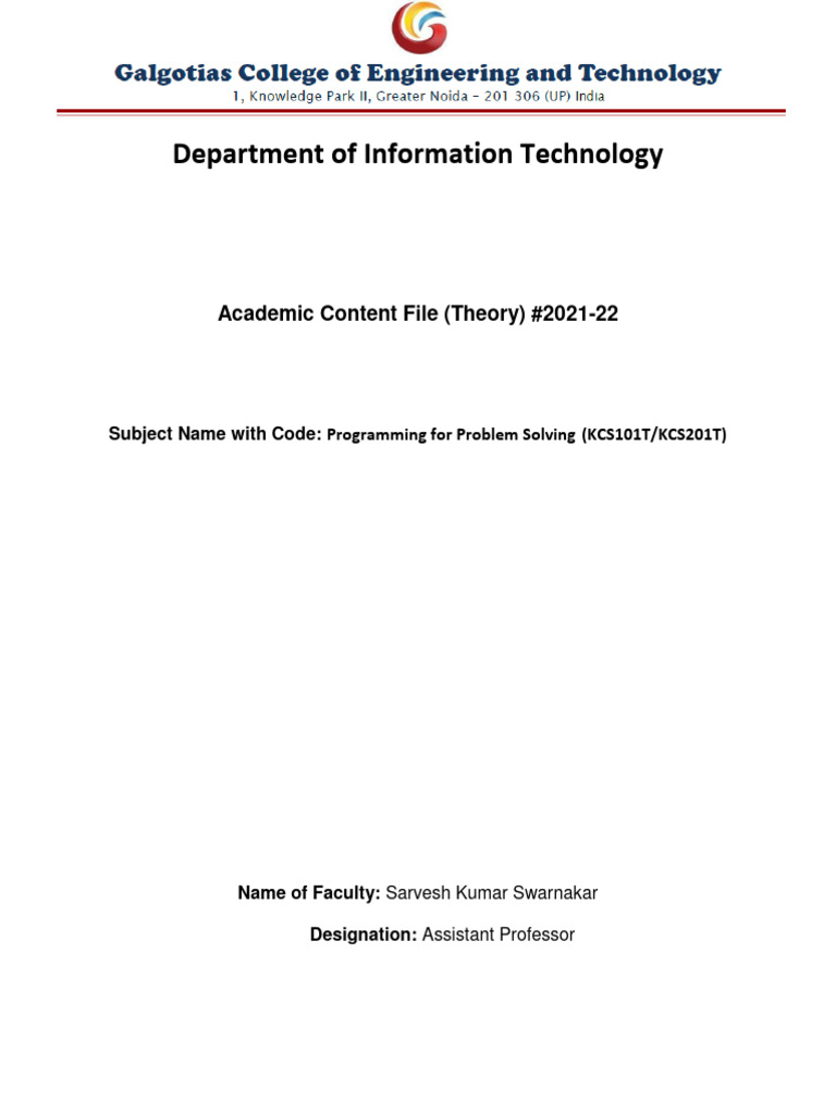 6 KCS101T 201T Prog For Prob Solving | PDF | C (Programming Language ... 6 KCS101T 201T Prog For Prob Solving | PDF | C (Programming Language ...