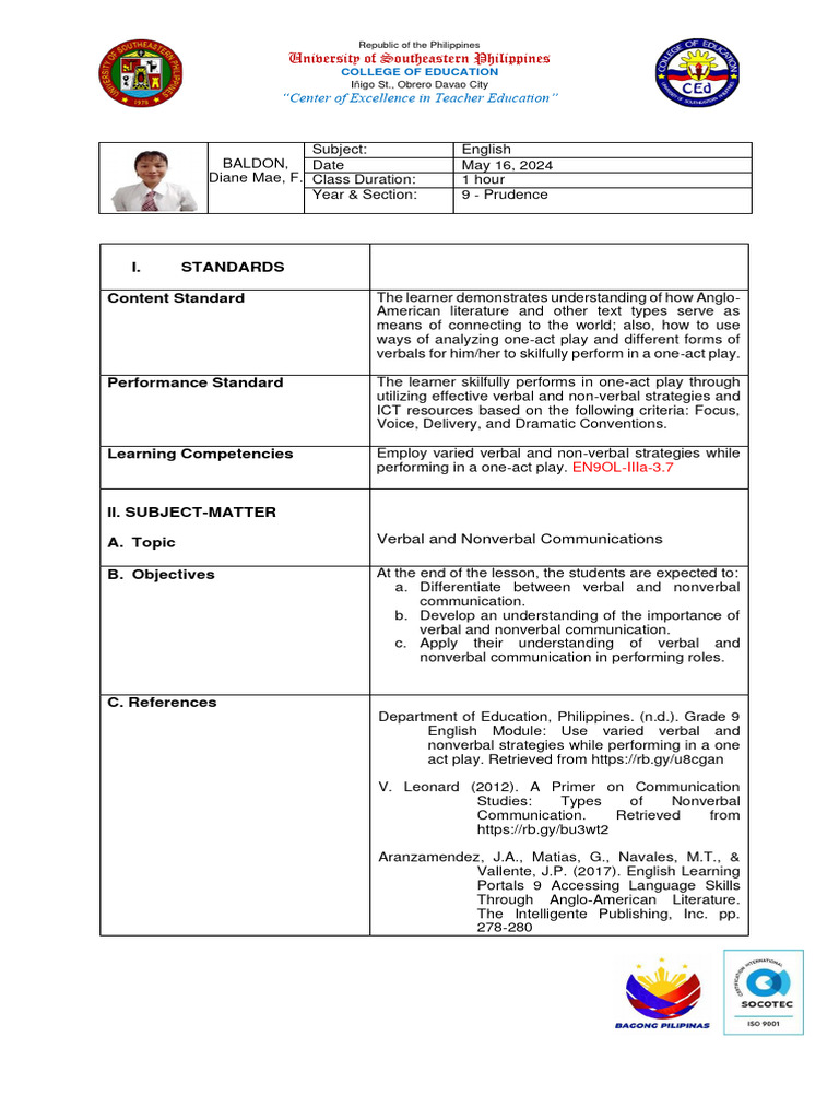 Lesson Plan - Verbal and Nonverbal Communication in A One-Act. Play ...
