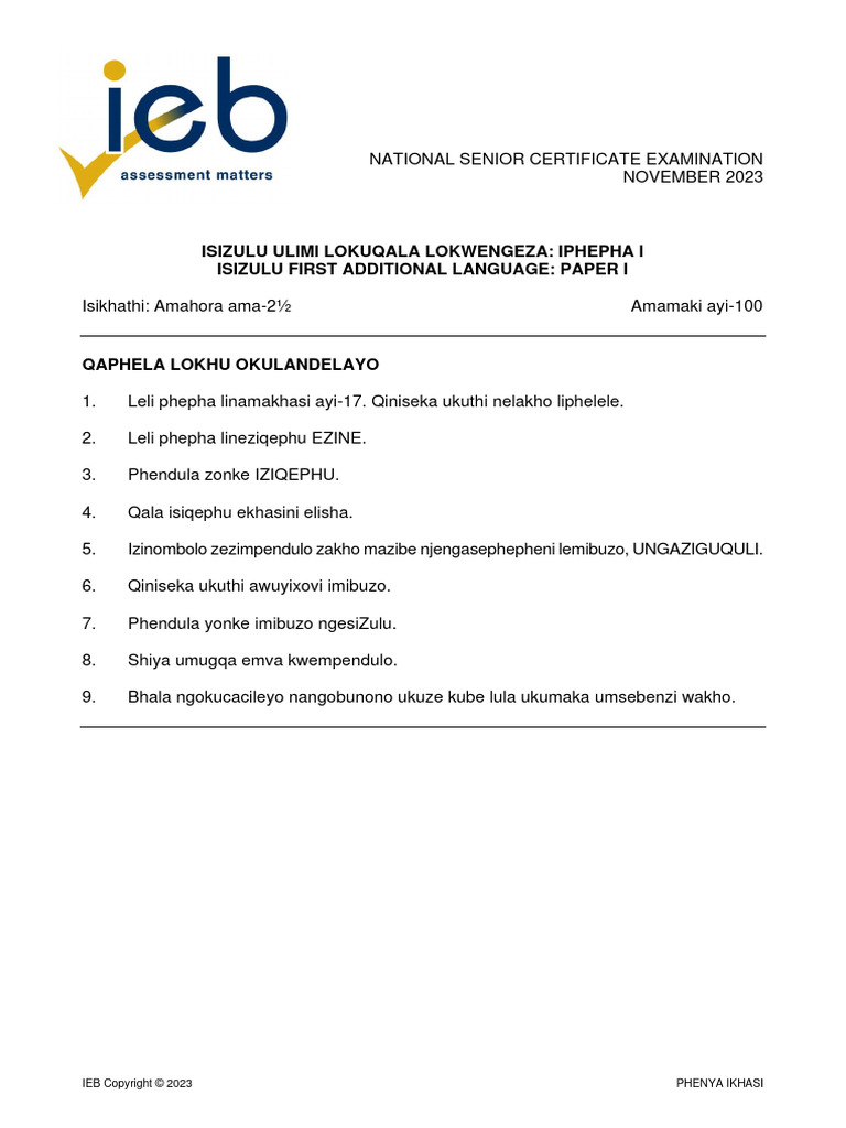 NSC Isizulu Fal p1 2023 | PDF
