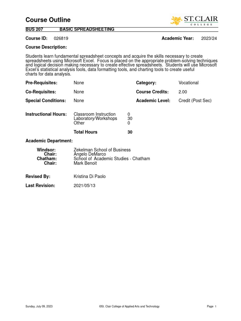 BUS 207 - Course Outline | PDF | Spreadsheet | Microsoft Excel