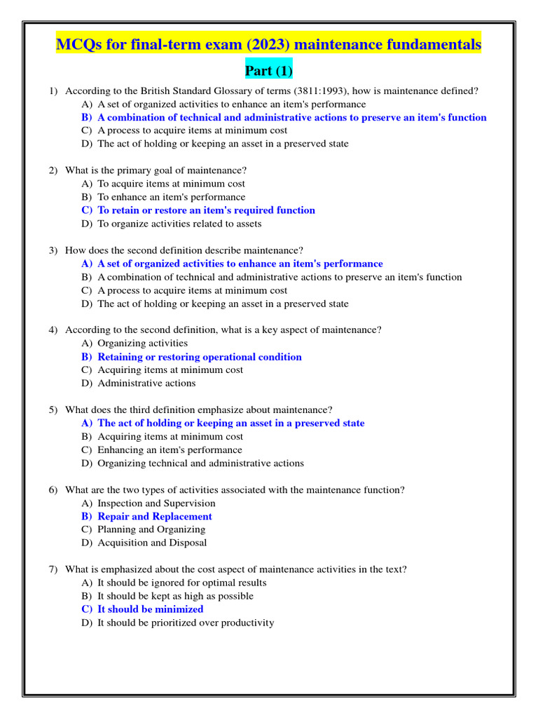 MCQs on Maintenance Fundamentals | PDF | Mechanical Engineering