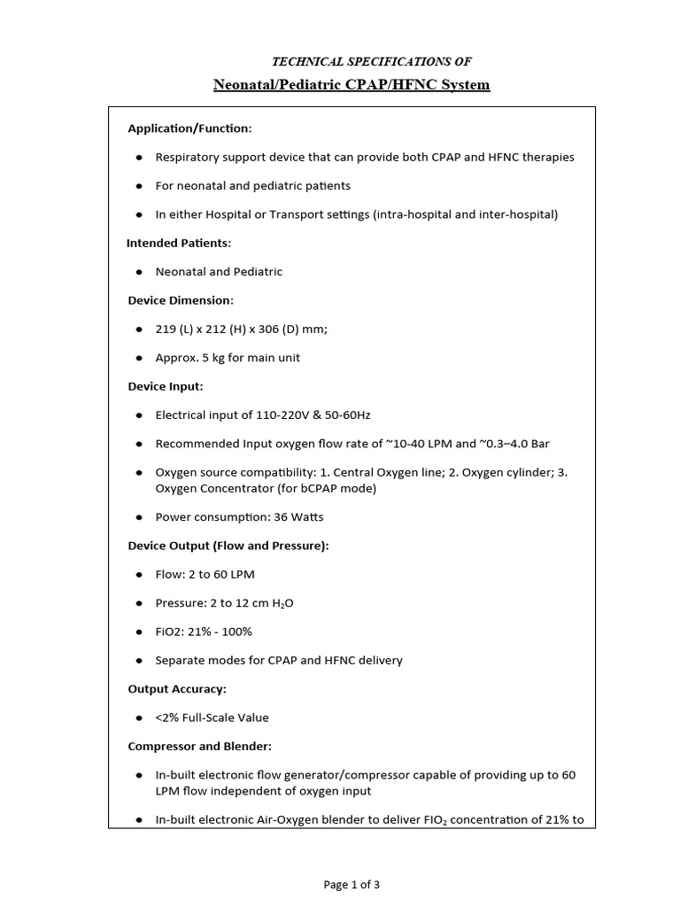 Saans CPAP+HFNC Specifications - Mar 2023 | PDF | Equipment | Respiration