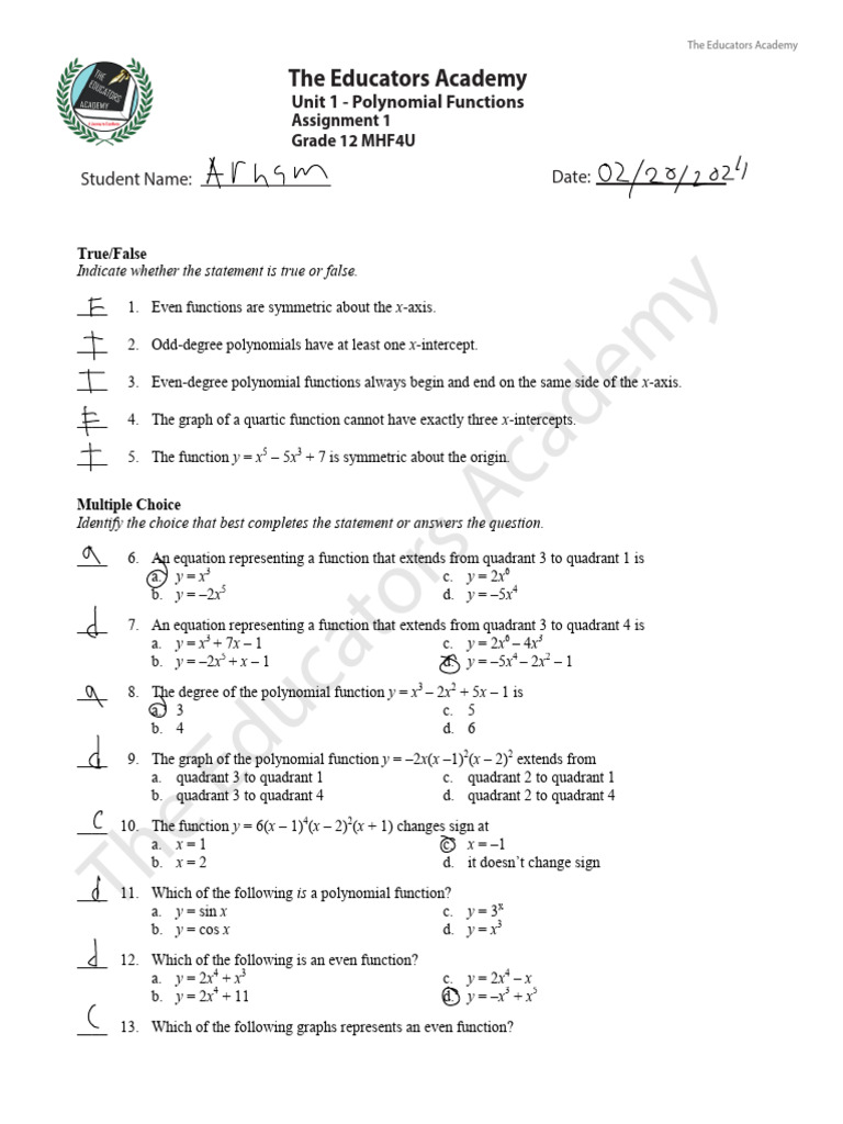 Grade 12 Polynomial Functions Quiz | PDF | Function (Mathematics ...