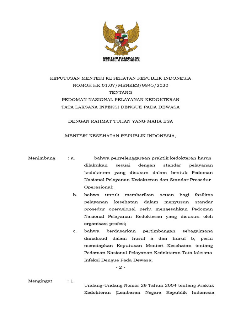 Pedoman Tatalaksana DBD Dewasa Kemenkes 2020 | PDF