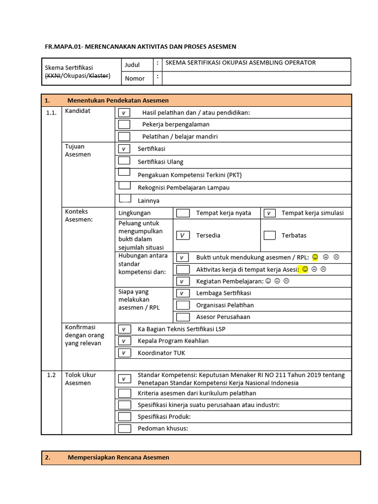 03. FR.MAPA.01SKEMA SERTIFIKASI OKUPASI ASSEMBLING OPERATOR | PDF