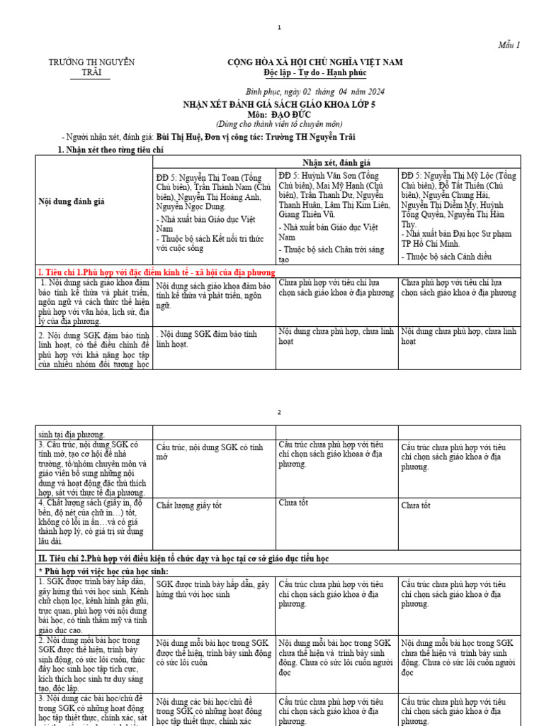 Daoduc - Mau1 - Phieu Nhan Xet ĐG SGK Lop 5 | PDF