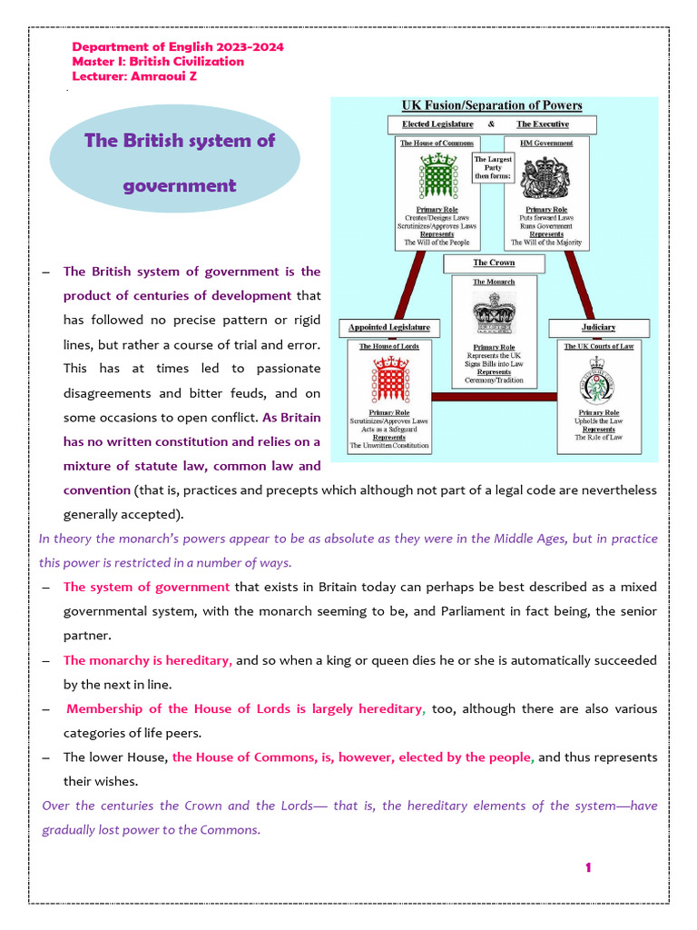British System of Government | PDF | House Of Commons Of The United Kingdom | Monarchy Of The ...