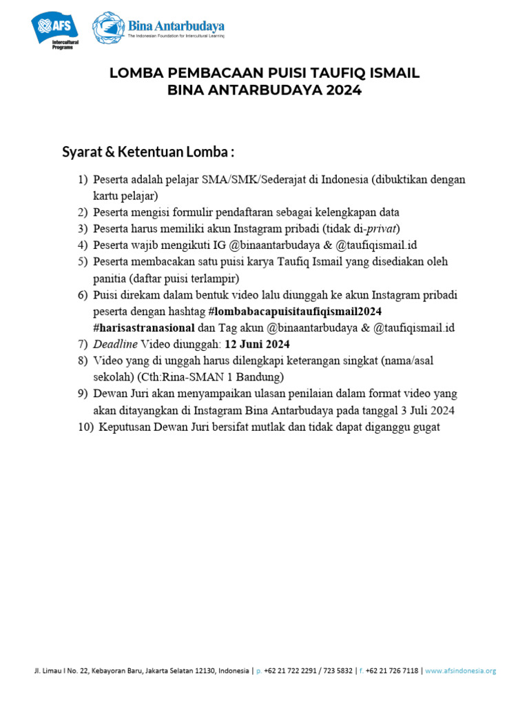 JUKNIS Lomba BACA PUISI TAUFIQ Ismail AFS 2024 | PDF