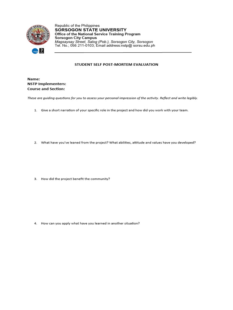 Individual STUDENT SELF POST MORTEM EVALUATION | PDF