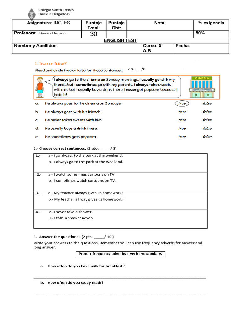 Prueba de Ingles 5to Basico | PDF