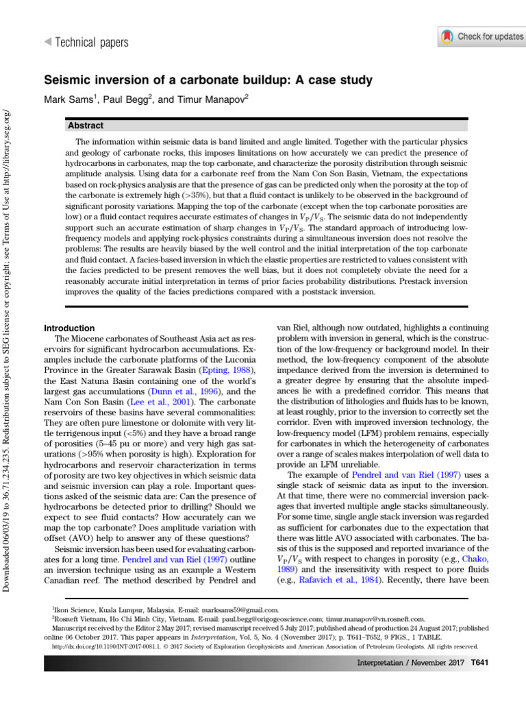 2017 Seismic Inversion of A Carbonate Buildup A Case Study | PDF ...