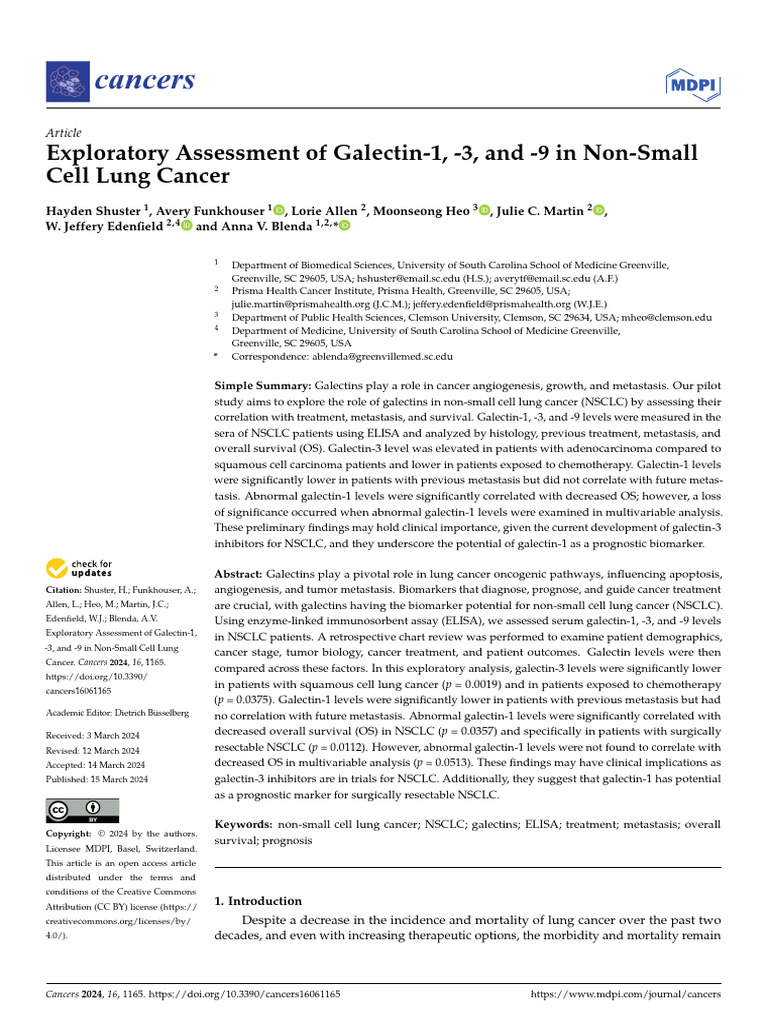 Exploratory Assessment of Galectin-1 - 3 and - 9 in | PDF | Metastasis | Lung Cancer