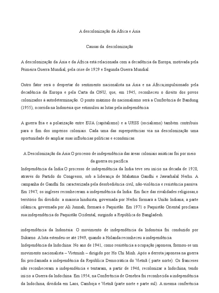 A Descolonização Da África e Ásia | PDF | Descolonização | Ásia