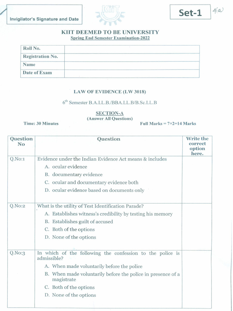 Spring, End Semester - 2022, 6th Semester, Law of Evidence, LW - 3018 | PDF