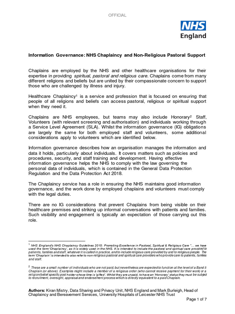 NHS England Information Governance - NHS Chaplaincy and Non-Religious ...